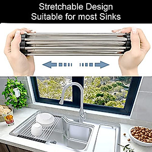 Chixapopimo Roll up Dish Drying Rack Retractable 11" to 20" x 13'' Foldable Rolling Dish Drainer Over The Sink Drying Rack SUS304 Stainless Steel Sink Rack for Kitchen Counter of Various Sizes