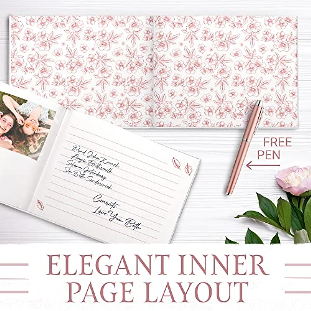 Floral Wedding Guest Book, Wedding Guestbook with Gold Pen, Guest Book Wedding Rose Gold Stamping, Bridal Shower Guest Book Rose Gold Paper Edge, Wedding Guestbook Alternative, Guestbook Wedding