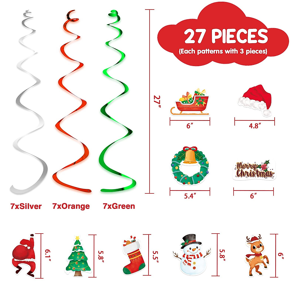 WERNNSAI Christmas Party Hanging Swirl Decorations - 27 Pieces Sparkly Streamer Party Spiral Ceiling Decorations Birthday Party Supply Xmas Themed Fiesta Ornaments