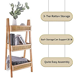 ZYBT Ladder Bookshelf, 3-Tier Rattan Bookshelf, Free Standing Bookcase, Blanket Ladder, Wood Organizer Storage Shelves for Living Room Bedroom Kitchen Bathroom Balcony and Home Office