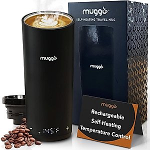 Muggo 12 oz Self-Heating Coffee Mug with 3 Hour Battery Life, Tea, Coffee, & Hot Beverage Warmer, Heated Travel Mug(L)