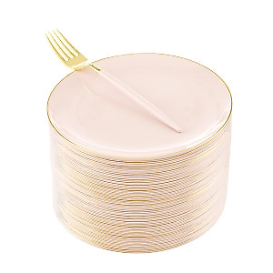 LIYH 48pcs Pink Plastic Plates with 48pcs Pink Dessert Forks,Gold and Pink Dessert Plates,Plastic Salad Plates,Pink Cake Plates with Forks for Parties,Birtday,Bridal Shower