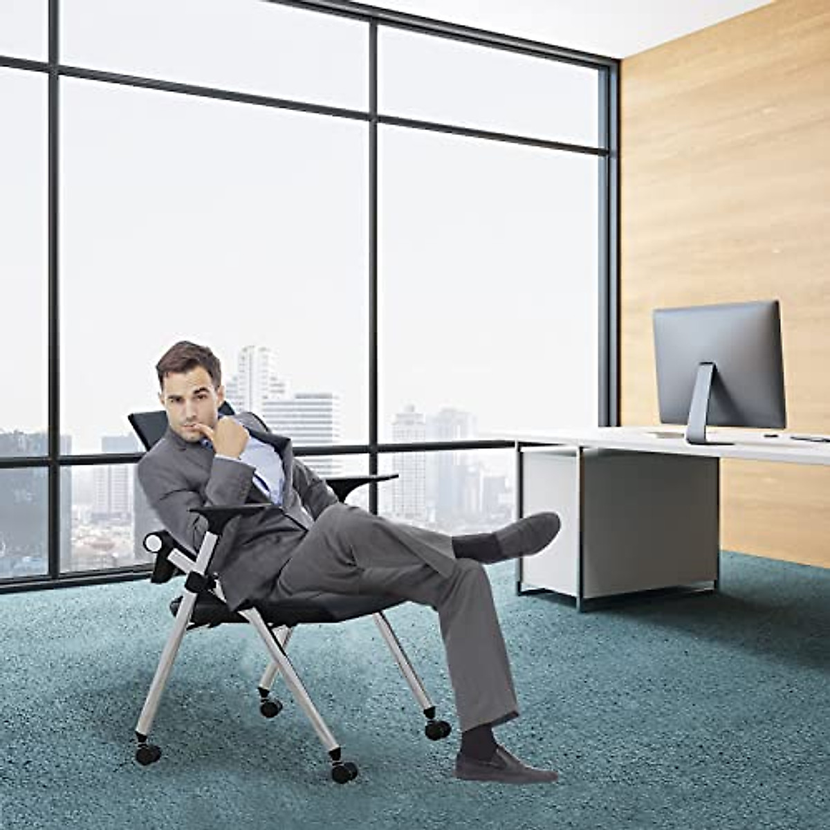 DSHOME Folding Office Chair,Foldable Desk Chair with Wheels,Ergonomic Office Chair with Arms,Comfy Home Office Chair Leather Padded Seat,Black…