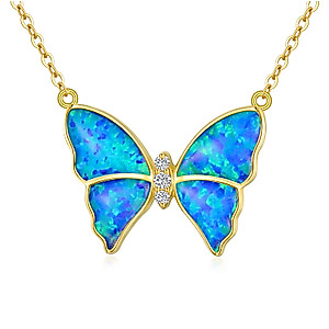 MUUYON 14K Gold Opal Necklace for Women Solid Yellow Gold Blue Opal Butterfly Pendant Necklace with Cubic Zirconia for Ladies Mom Sisters, 16+1+1 Inch