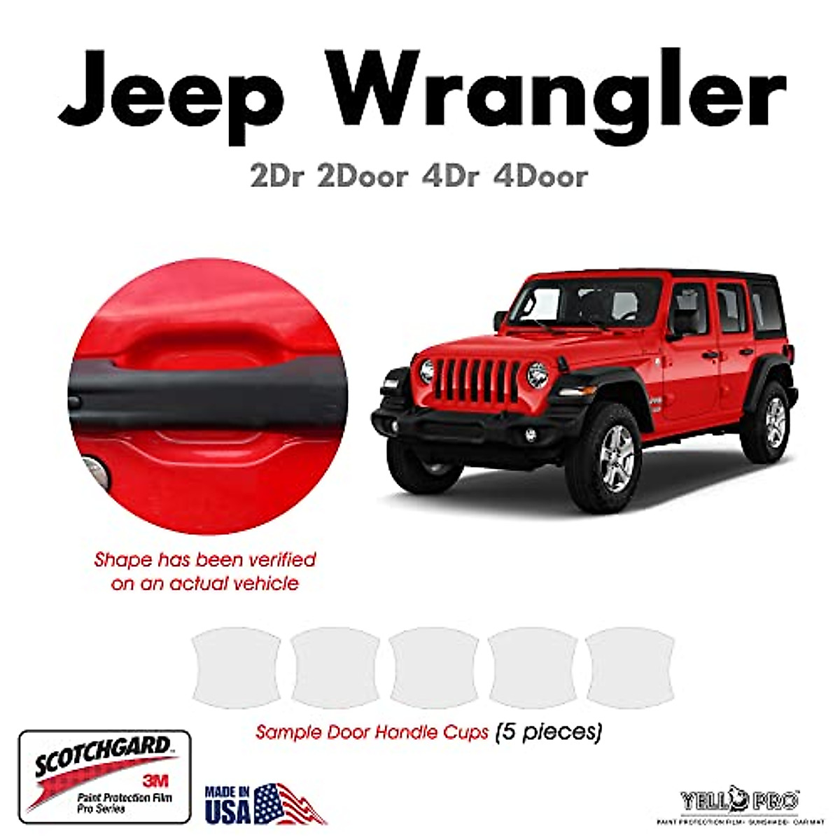 YelloPro Custom Fit Door Handle Cup 3M Scotchgard Anti Scratch Clear Bra Paint Protector Film Cover Self Healing Guard for 2018 2019 2020 2021 2022 2023 Jeep Wrangler 2Dr 2Door 4Dr 4Door