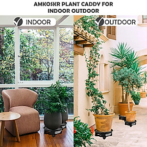 Amkoskr 1 Pack 17.7" Black Plant Caddy with Easy Moving Caster Wheels and a Water Container Round Movable Planter Dolly Trolley Tray Pallet Outdoor Indoor Tree Flower Stand Planter