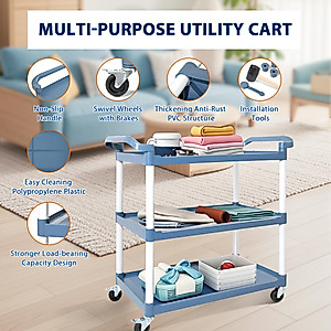 RAYOCON 3-Tier Large Plastic Service Utility Cart, Food-Service Rolling Cart with Wheels Heavy Duty Commercial Rolling for Restaurant,Household,Office (19.7" D x 39.4" W x 40.2" H)
