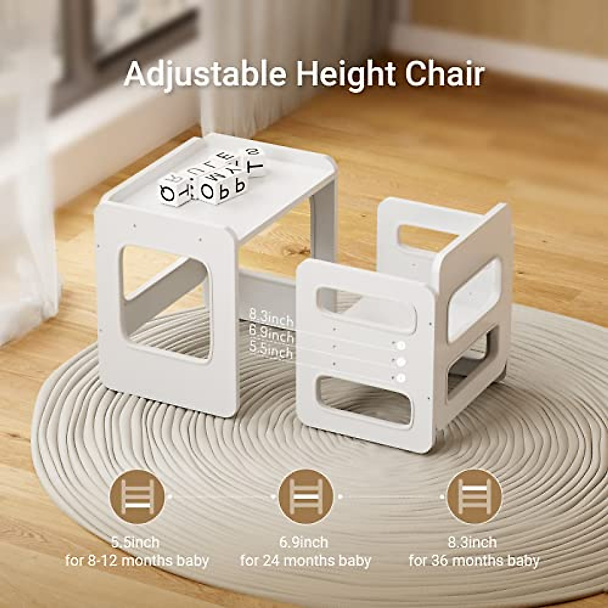 Tilhumt Montessori Weaning Table and Chair Set, Toddler Kids Table and Chair Set, Adjustable Height and Activity Table with Fence for Read, Play Toys, Crafts, Montessori Furniture for Toddlers