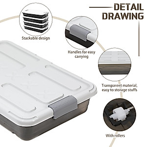 Beeveer 4 Pcs Plastic Under Bed Storage Containers with Lid Wheel Handle, Transparent Large Capacity Stackable Latching Storage Bins for Closet Bedroom Clothes Shoes (Brown,23.7 x 15.8 x 5.2)