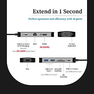 ADAM elements USB-C Hub/Laptop Docking Station – CASA Hub X 10in1 Multiport Adapter for Mac & PC - USB-C PD, USB-C, USB-A 3.1 x2, HDMI, VGA, RJ45, SD & microSD Card Reader, Audio