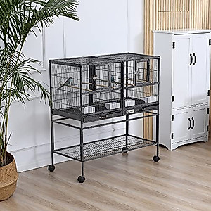 PawHut Divided Breeder Bird Cage with Rolling Stand Removable Metal Tray, Storage Shelf, Wood Perch, and Food Container