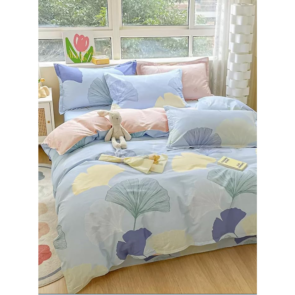 Generic 100% Cotton Duvet Cover Set for King Queen and Twin, Full Size Blue Leaf Print Double Bed Quilt Cover with 2 PCs Pillowcase with Zipper Closure (Full)