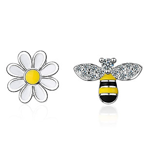 CZ Bee Daisy Flower Asymmetric Sterling Silver Tiny Small Stud Earrings for Women Cartilage Tragus Sensitive Ear Fashion Animal Cute Mini Piercing Post Hypoallergenic Gifts Daughter
