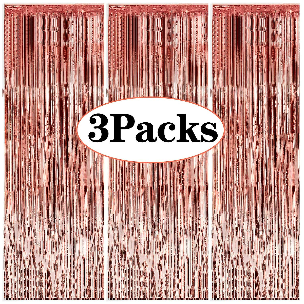 3pcs Foil Curtains Metallic Fringe Curtains Rose Gold, 3.28ft x 6.6ft Metallic Tinsel Curtains for Birthday Wedding Engagement Bachelorette Party Bridal Shower Baby Shower Decorations