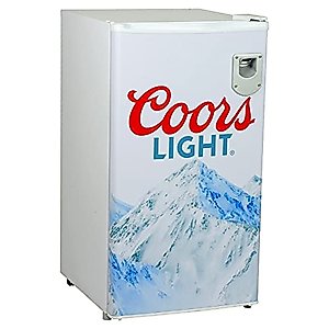 Coors Light Rocky Mountain 3.2 cu ft (90L) refrigerator Compact Fridge Bottle Opener White Space Saving Flat Back Design Reversible Door Adjustable Temperature Control Tempered Glass Shelves Office RV