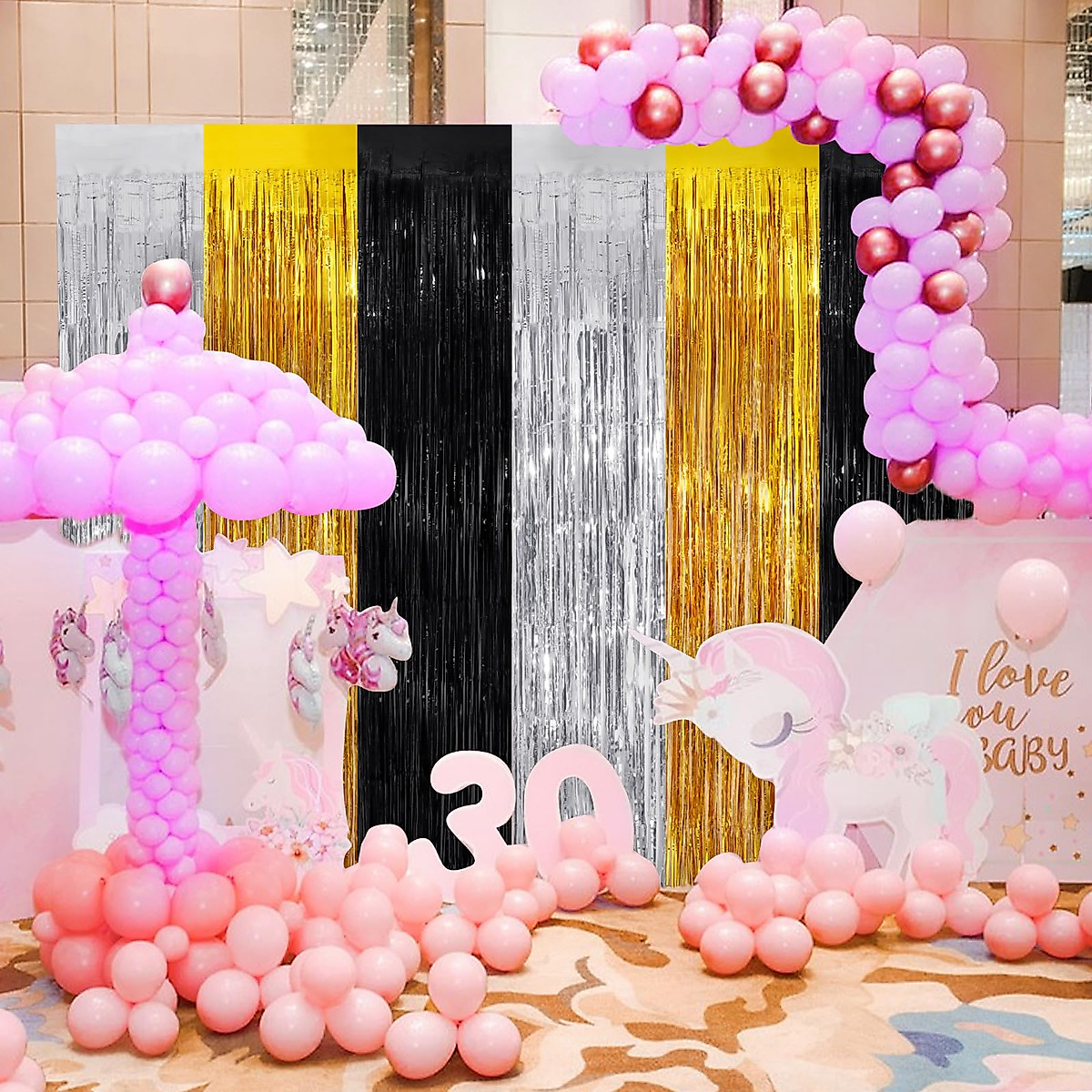 Black Gold Silver Metallic Tinsel Foil Fringe Curtains, 2 Pack 3.3x8.3 Feet Streamer Backdrop Curtains for Birthday Party Decorations, Halloween Decor, Foil Curtain Backdrop for Bachelorette Party