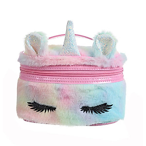 Newfancy Women Girls Kids Fluffy Faux Fur Unicorn Makeup Bag Small Cosmetic Organizer Plush Travel Storage Bags Toiletry Kit Case
