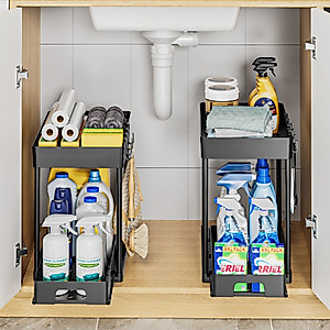 Delamu 2 Pack Under Sink Organizers and Storage, 2 Tier Pull Out Under Cabinet Organizer, Black Under Sink Storage for Bathroom Kitchen, Under Counter Storage organizer with 8 Hooks