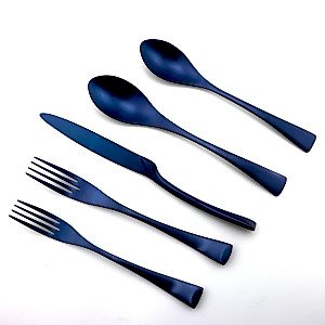 JASHII Luxury 24 Pieces 18/10 Stainless Steel Silversmiths Flatware Blue Matte Replace Titanium Black Silverware Set DISHWASHER SAFE Utensils,Dinner Knife STEAK Knife Fork DINNER DESSERT Spoon