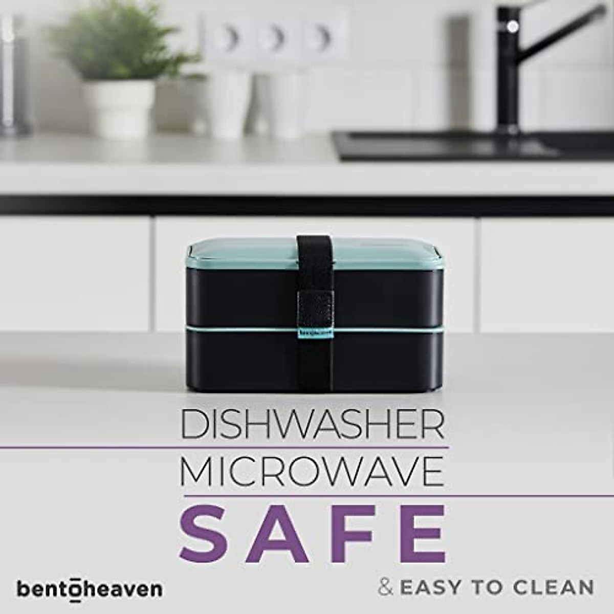 Bentoheaven Premium Bento Box Adult Lunch Box with 2 Compartments (40oz), Cutlery & Set of Chopsticks, Large Dip Container, Cute Black Japanese Bento Box, Rectangle, Microwavable (Billie Green)