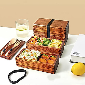 Wood Bento Box, Lunch boxes, Japanese Traditional Natural Square Wooden Lunch Containers Women's Men's Adult Wood Bento Box with Spoon Fork kit