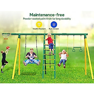 Swing Sets for Backyard, Osoeri 6 in 1 Swing Set, 440 lbs Heavy-Duty Metal Swing Sets for Backyard with Two Swings, Climbing Ladder and Nets, Trapeze Bar and Basketball Hoop