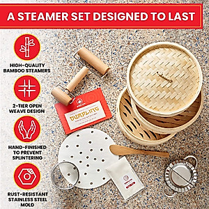 Dumpling Maker, Soup Dumpling Kit w/Dumpling Mold! Kitchen Gadget, Bamboo Steamer Basket, Dumpling Cutter, Agar, Roller, Recipes. Unique Gifts. Make Your Own Dumplings, Dim Sum, Chinese Steamer