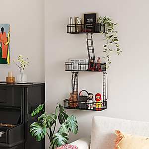 Sumbame 3-Tier Fire Escape Wall Shelf, Black Metal Floating Shelves, Eye-Catching Wall Mounted Picture Ledge Shelf, Unique Knick Knack Shelf Organizer, Funky Home Decor for Living Room and More