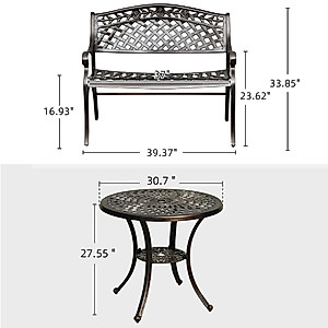 DWVO 2 Piece Outdoor Furniture Cast Aluminum Patio Dining Sets, 39.4 Inches Outdoor Patio Garden Bench, 30 Inches Round Table with Umbrella Hole, for Balcony Backyard Deck Garden Path Yard Lawn