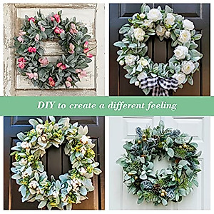 CEWOR 22 Inch Fall Wreath Flocked Lambs Ear Wreaths for Front Door Spring Summer Greenery Wreath for Wall Window with Two Bows (Burlap & Buffalo Plaid Bow)
