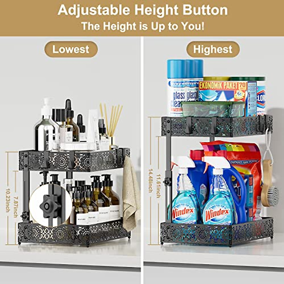 Iirios Under Sink Organizers and Storage, Height Adjustable 2-Tier Bathroom Cabinet Organizer, Metal Bathroom Sink Organizer with 4 Hooks, Multi-use Under Sink Storage for Bathroom Kitchen, 2 Pack