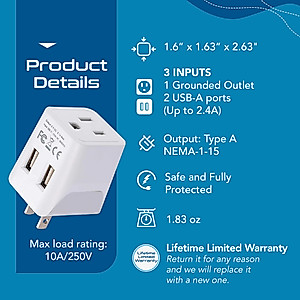 Ceptics Japan, Philippines Travel Adapter Plug with Dual USB - Usa Input - Type A - Ultra Compact (CTU-6) - Perfect for Cell Phones, Laptops, Camera Chargers