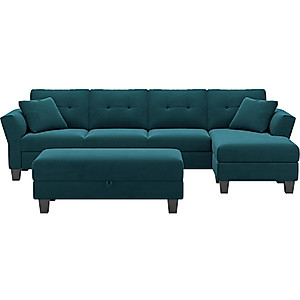 Belffin Velvet Couch Convertible L Shaped Sofa with Reversible Large Ottoman Storage Chaise Sectional Sofa Living Room Furniture Peacock Blue