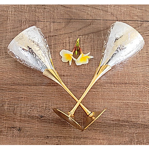 VIBRANIC Wine Glass Handmade Engraved Vintage Silver Plated Brass Champagne curved Fluted Wine Glass Pack of 2