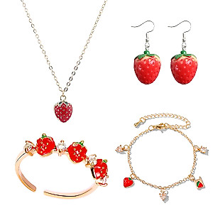 FUTIMELY 4 Pcs Strawberry Jewelry Set Red Strawberry Necklace, Strawberry Earrings, Strawberry Ring, Strawberry Bracelet Cute Food Fruit Charm Jewelry for Woman