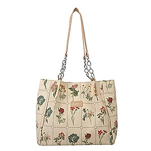 Botanical Tote Bag for Women Leather and Canvas Splicing Tote Bag Cottagecore Aesthetic Tote Bag Flowers Plants (Beige)