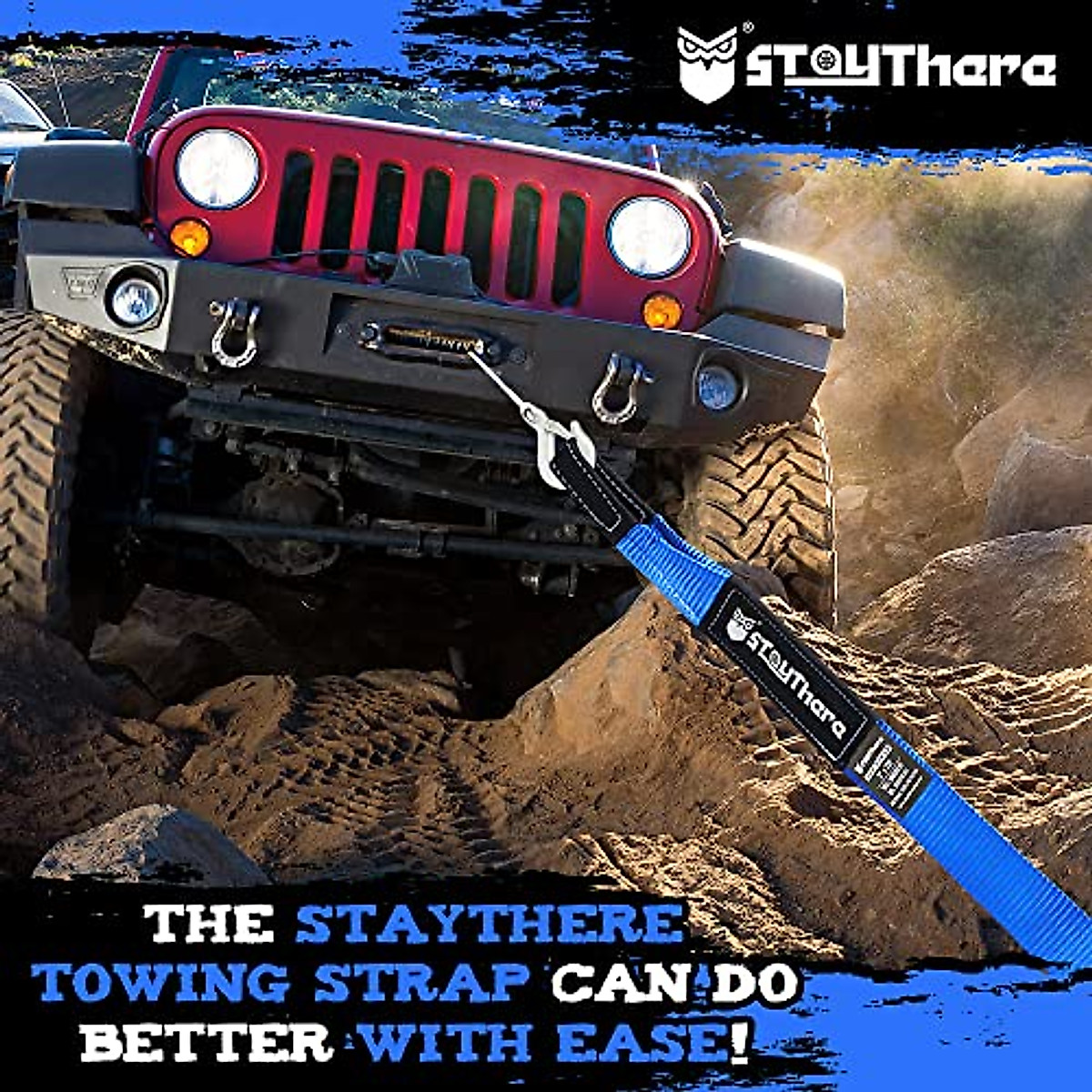 Stay There 3'' × 20ft Tow Recovery Strap, Heavy Duty with 30,000 lb Capacity-Emergency Towing Rope for Recovery Vechiles-Storage Bag (Blue)