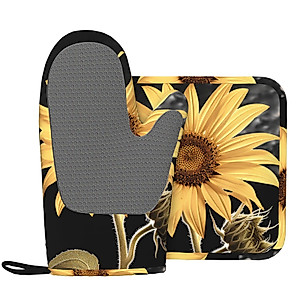 Sunflower Printed Oven Mitts and Pot Holders Sets Heat Resistant Kitchen Oven Gloves Potholders Set Extra Long Non-Slip Silicone Gloves for Cooking Baking BBQ