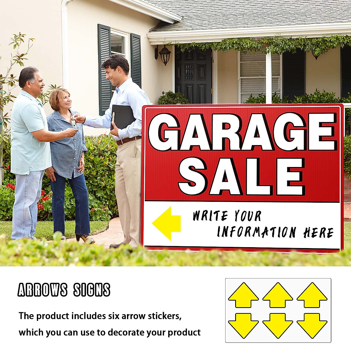 Garage Sale Sign, 17" x 13" ，Garage Sale Sign with Stakes Double-Sided, Garage Sale Sign with Arrow Stickers, Garage Sale Signs with Metal Stakes,WEATHER-PROOF, (3 Pack)