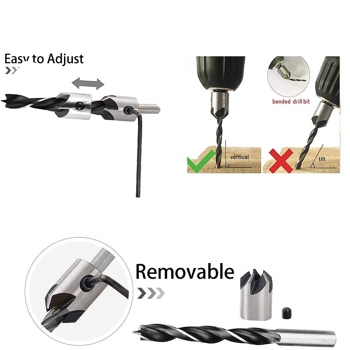 Countersink Drill Bit, Golden^Li 7 PCS 3-10mm HSS Woodworking Drill Bits Set Chamfering Counter Bits with One Hex-Key, Adjustable Carpentry Reamer Plated Perfect for Plastic Metal Wood DIY