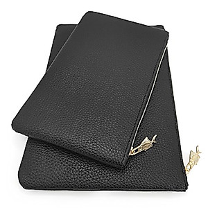 Faux Leather Pencil Case - Leather Look Makeup Bag - Black with Gold Zip - Large