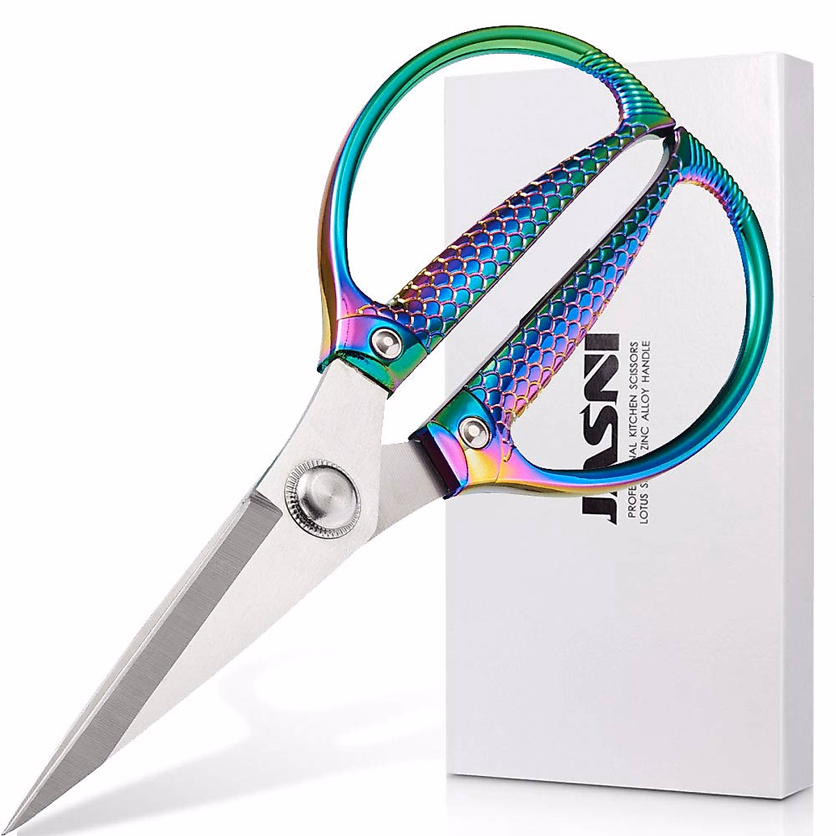 Jasni Fish pattern Powerful kitchen scissors professional Heavy Duty Multi-Purpose pretty Color rainbow Titanium Coating Forged Stainless Steel fish bones Shears Office Home scissors