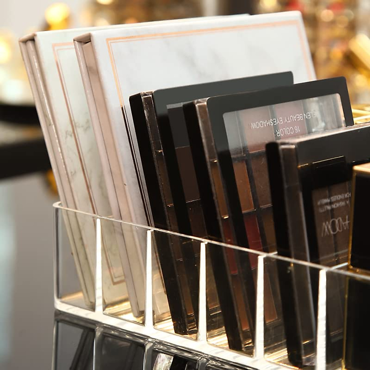 LoengMax Makeup Organizer, Eyeshadow Palette Organizer, 7 Section Acrylic Divided Palette Holder, for Eyeshadow Palettes, Contour Kits, Blush(Clear, 7.48x 6.3 x 1.77 in)