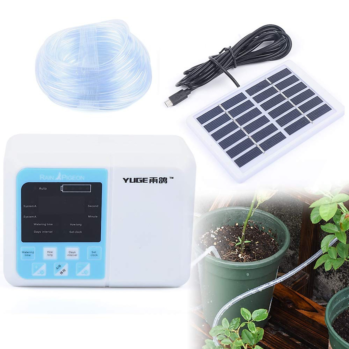 Automatic Drip Irrigation Pump Set, Self Watering System with Solar Energy USB Charging and Dual Pump Independent Timing for Plant Drip Irrigation for Potted Plants Flower Vegetables