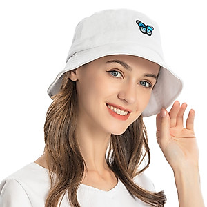 ZLYC Unisex Fashion Embroidered Bucket Hat Summer Fisherman Cap for Men Women Teens (Butterfly Pure White)