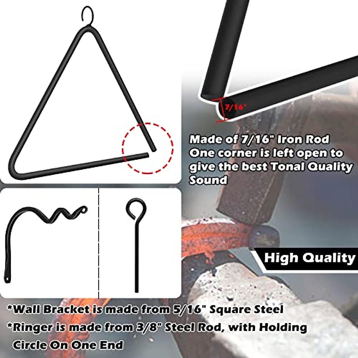 Blacksmith Iron Dinner Bell Hand Made 12“ Triangle Dinner Bell Heavy ...