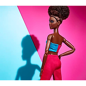 Barbie Looks Doll with Natural Black Hair in Color Block Crop Top & Raspberry Flare Pants, Posable Made to Move Body For 6 years and older