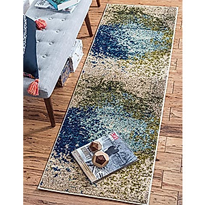 Unique Loom Estrella Collection Abstract, Modern, Light Colors, Distressed Area Rug, 2 ft x 7 ft, Blue/Beige