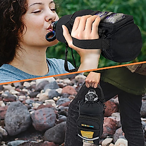 SUN CUBE Water Bottle Carrier with Strap, Insulated Water Bottle Carrier Bag with Phone Pocket Pouch, Sleeve Sling Purse Crossbody Bottle Holder for Walking, Sports, Hiking Accessories, Black 64oz