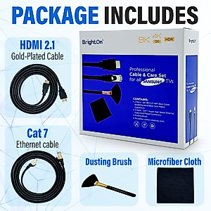 BrightOn Cable & Care Package for All Samsung TVs. Contains 8K HDMI 2.1 HDR Cable 8K@60Hz/4K@120Hz | CAT 7 Super High Speed Cable | Dusting Brush & Microfiber Cloth